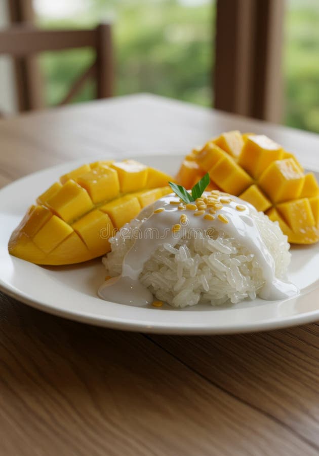 Ripe Mango Sticky Rice with Coconut Milk on Wooden Table Stock ...
