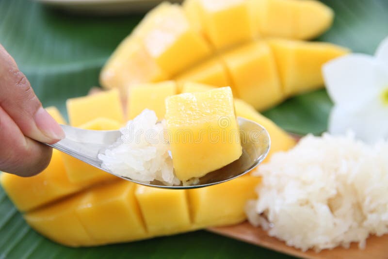 Ripe Mango and Sticky Rice in Spoon. Stock Photo - Image of vitamin ...