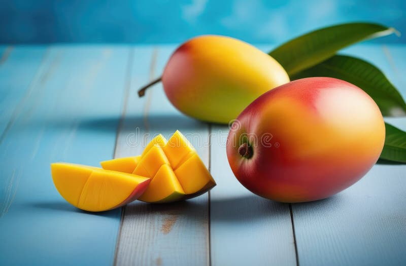 Ripe Mango on a Wooden Blue Table. Diced Mango Slices. Stock Image ...