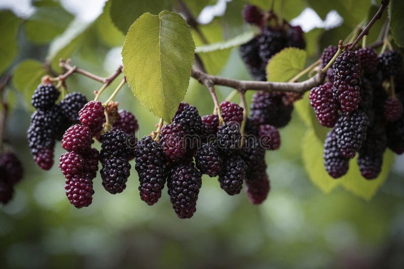 Ripe Mulberries Hanging from the Branches of a Mulberry Tree Stock ...