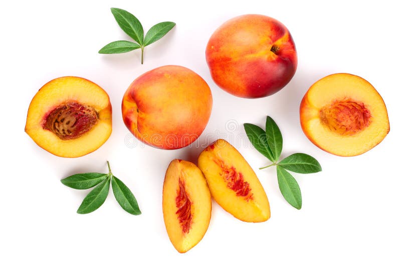 Ripe Nectarine With Leaves Isolated On White Background. Top View. Flat ...