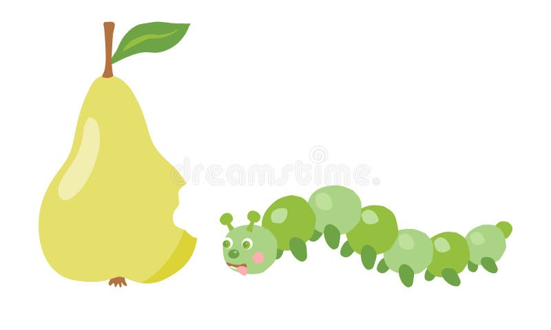 Ripe Nibbled Pear and Cute Caterpillar, Funny Kids Design Element ...
