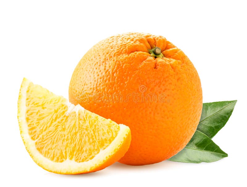 Ripe Orange with a Slice and Leaves on a White Background. Isolated ...