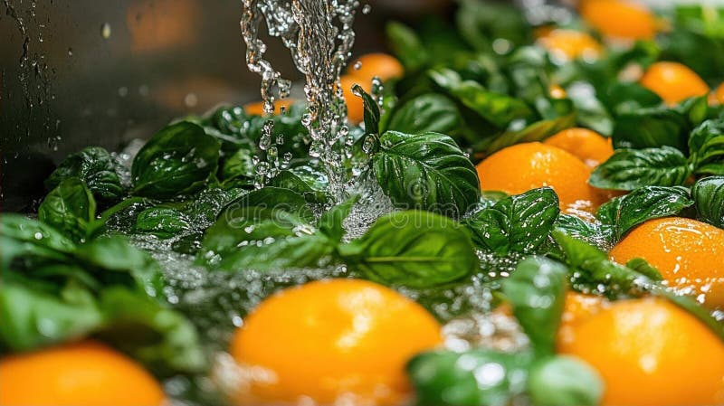 Ripe Oranges and Fresh Basil Leaves Washing in Water Stock Photo ...