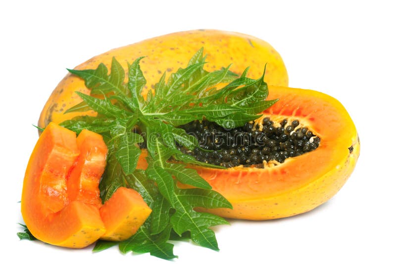 Ripe Papaya and Slices with Seeds and Green Leaf Stock Image - Image of ...
