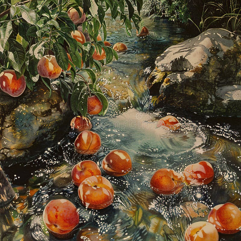 Ripe Peaches Falling into a Cascading Stream Stock Illustration ...