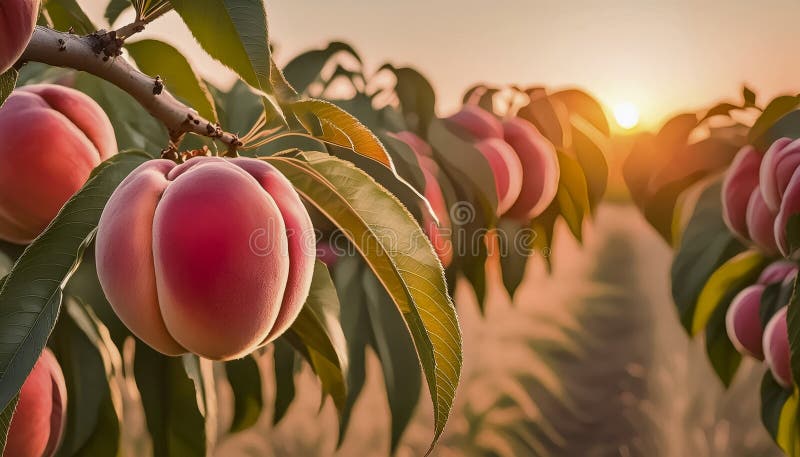 Ripe Peaches on Tree Branch at Sunset Stock Illustration - Illustration ...