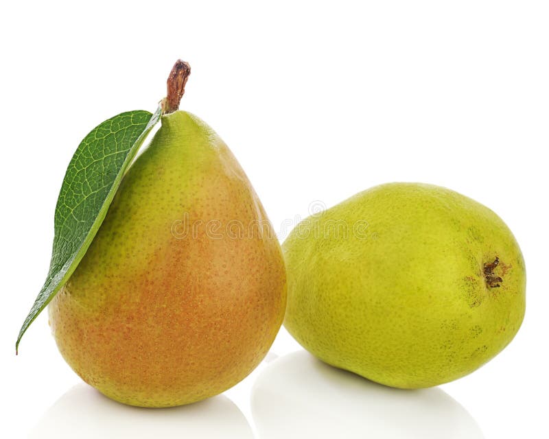 Ripe Pears with Green Leaves Isolated on White Background. Stock Photo ...