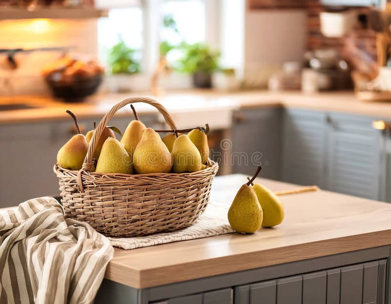 Ripe Pears in a Wicker Basket on a Kitchen Counter Stock Image - Image ...