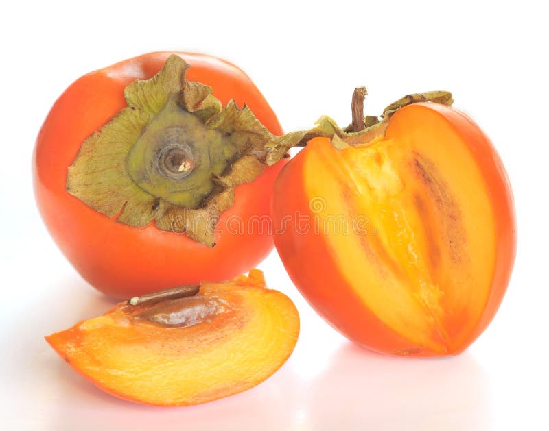 Ripe Persimmon Fruit Isolated on Bright Red Background. Stripes of ...