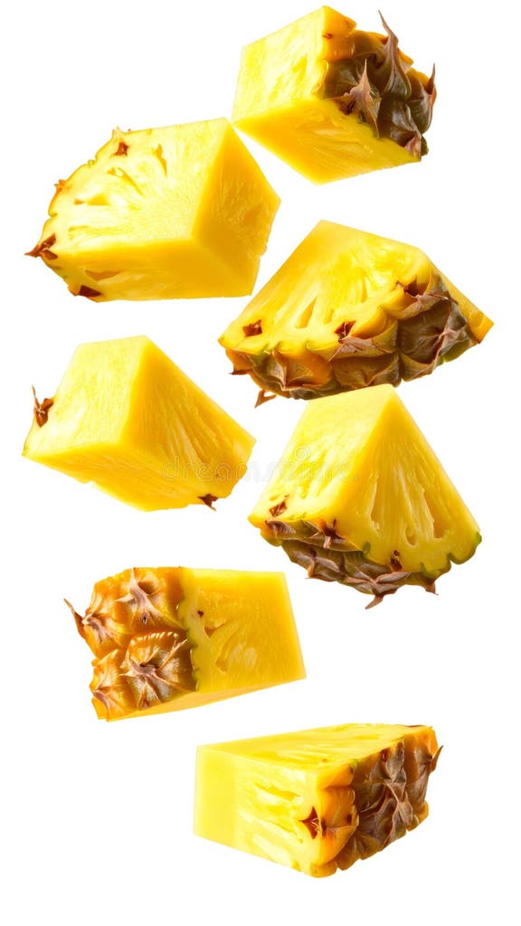 Ripe Pineapple Chunks Hovering on Transparent Background, Creating a Dynamic and Appetizing ...