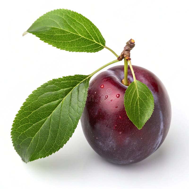 Ripe Plum with Green Leaves on Transparent Background Stock ...
