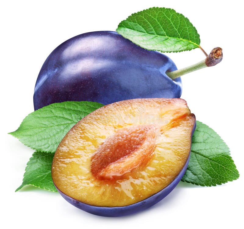 Ripe Plum with Leaf and Half of Plum with Stone Lying Over Green Leaves ...