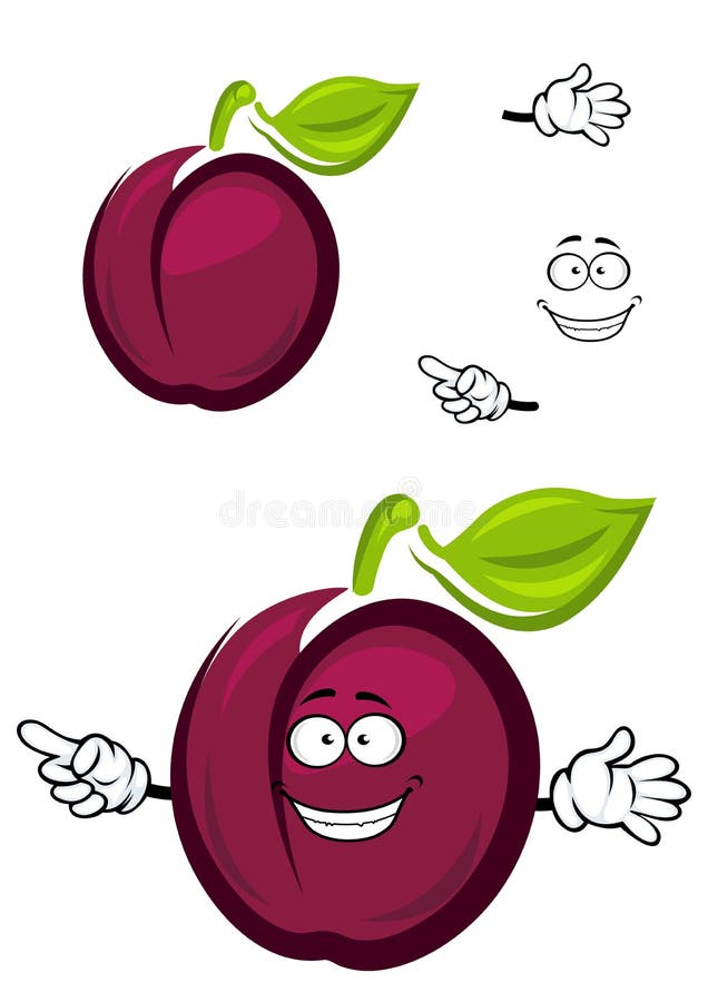 Ripe Purple Cartoon Plum Fruit with a Green Leaf Stock Vector ...