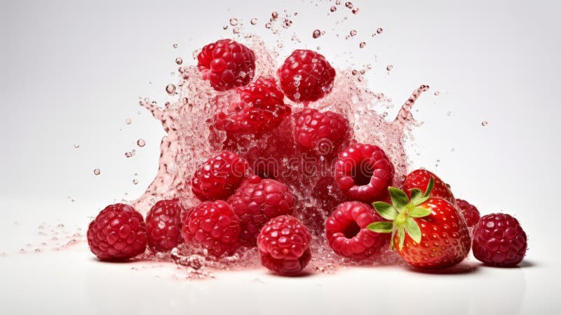 Ripe Raspberries Dropping in Water, Creating Splashes on a Pristine ...