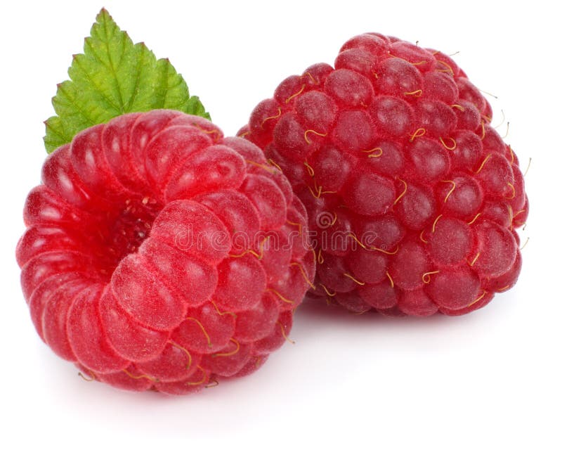 Ripe Raspberries with Green Leaf Isolated on White Background Macro ...