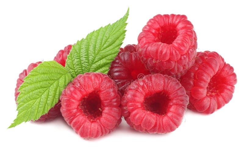 Ripe Raspberries with Green Leaf Isolated on White Background Macro ...
