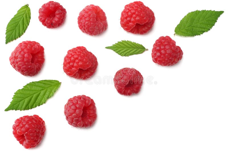 Ripe Raspberries with Green Leaf Isolated on White Background. Top View ...