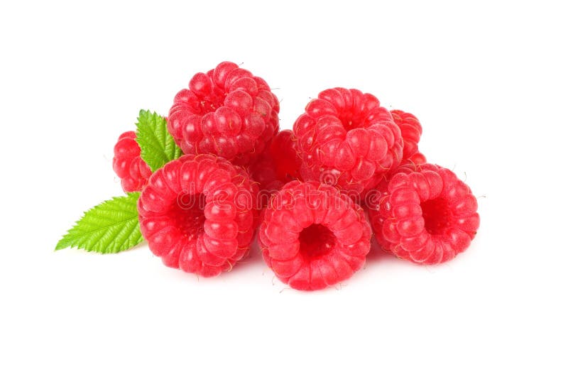 Ripe Raspberries with Green Leaves Isolated on White Background Stock ...