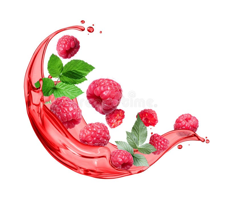 Ripe Raspberries with Leaves in Splashes of Juice Isolated on White ...