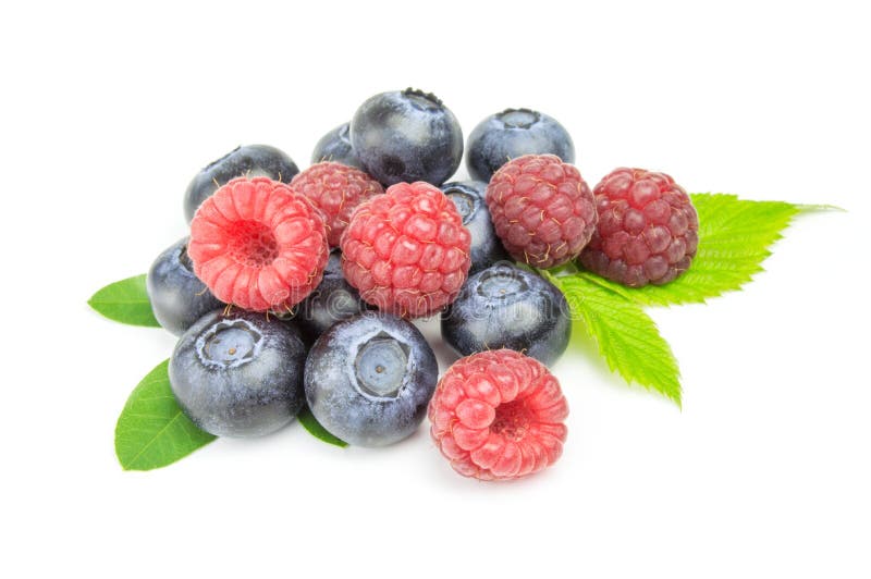 Ripe Raspberry with Blueberry Isolated on White Stock Photo - Image of ...