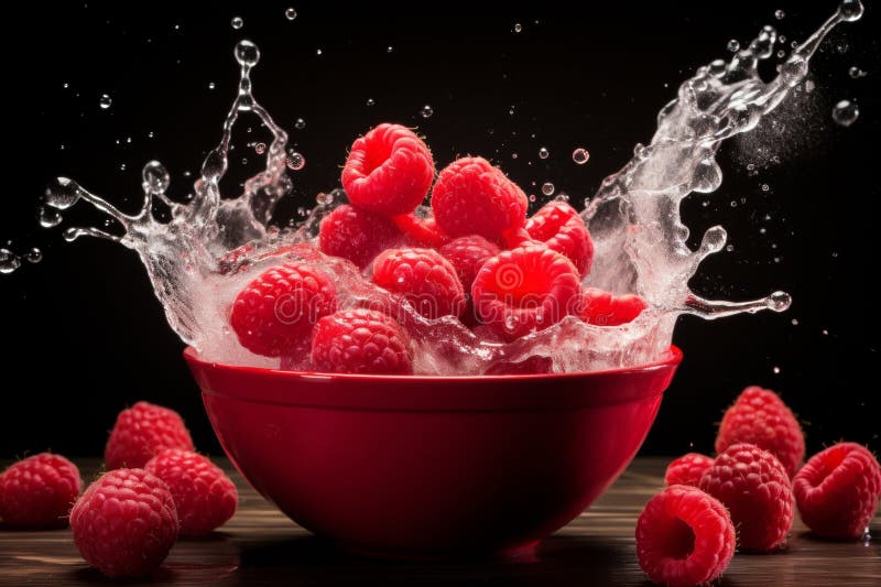 Ripe Raspberry Gracefully Falling into Bowl, Capturing the Essence of ...