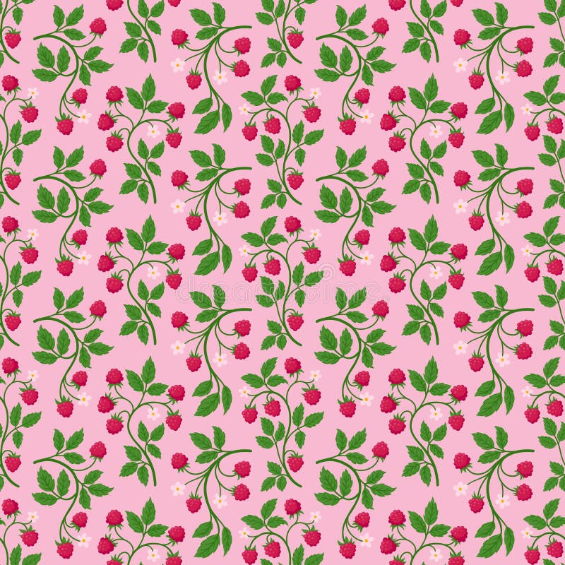 Ripe Raspberry Seamless Pattern with Branches, Berries, Flowers and ...