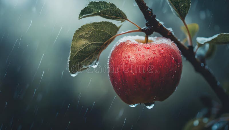 Ripe Red Apple Fruit on Tree Branch in Organic Orchard in Rain Stock ...