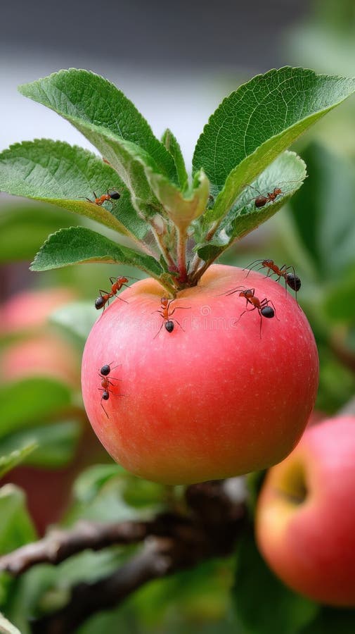 A Ripe Red Apple with Several Ants Crawling on it, Surrounded by Green ...