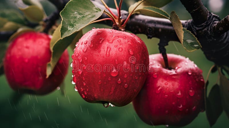 Ripe Red Apples with Dew Drops in an Apple Tree Stock Illustration ...