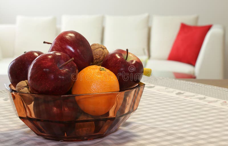Ripe Red Apples and Fruit in the Basket Above the Table Stock Photo ...