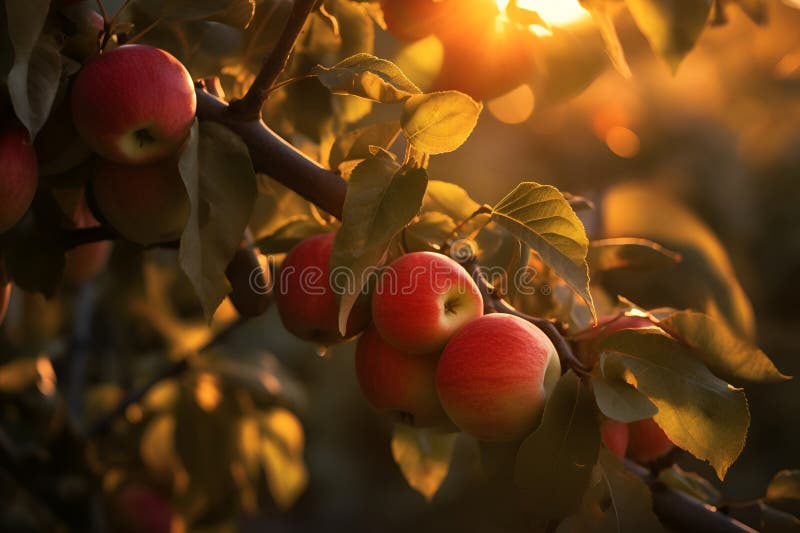 Ripe Red Apples Hang on a Tree Branch. Sunset Light Stock Image - Image ...
