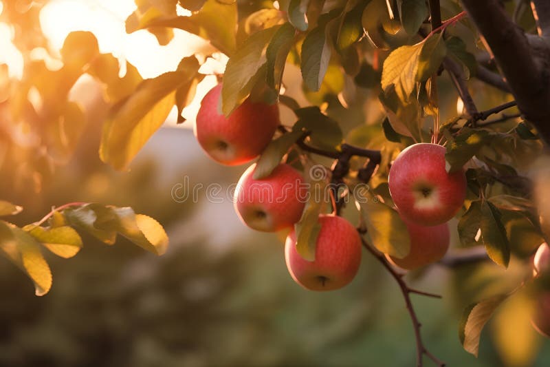 Ripe Red Apples Hang on a Tree Branch. Sunset Light Stock Image - Image ...