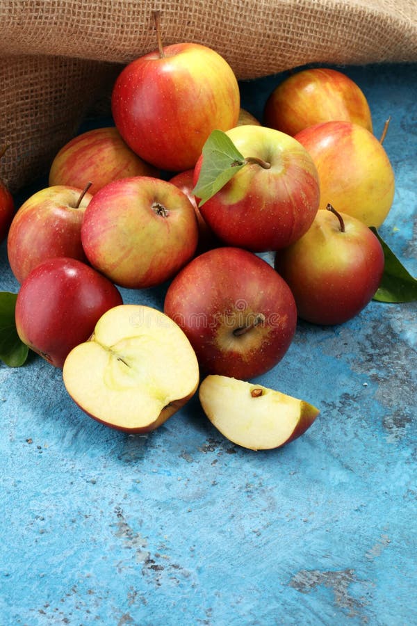 Ripe Red Apples with Leaves on Blue Background. Stock Photo - Image of ...
