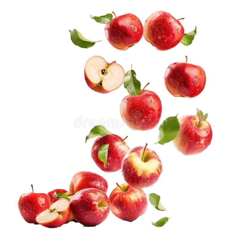 Ripe Red Apples with Leaves Falling and Landing on White Background ...