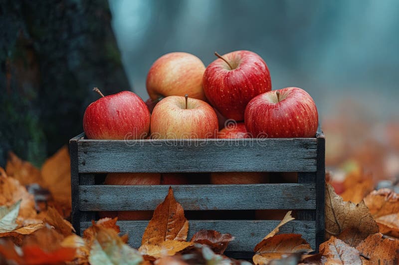 Ripe Red Apples are Overflowing a Rustic Wooden Crate in the Middle of ...