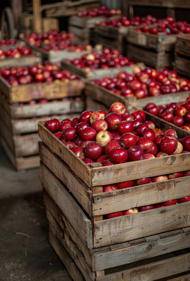 Ripe Red Apples Packed in Wooden Crates in a Rustic Barn Stock Photo ...