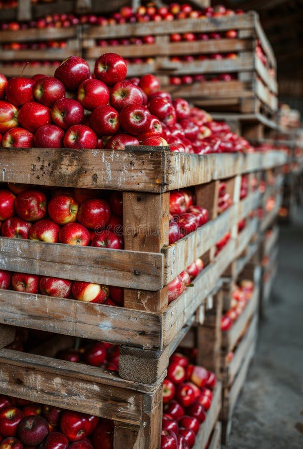 Ripe Red Apples Packed in Wooden Crates in a Rustic Barn Stock Photo ...