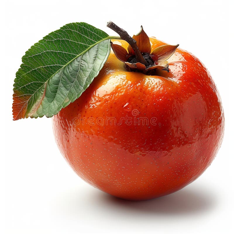 Vibrant Red Persimmon Fruit with Leaf Resting on White Background Stock ...