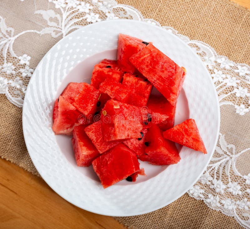 Ripe Red Sweet Watermelon Slices on Plate on Table Stock Image - Image ...