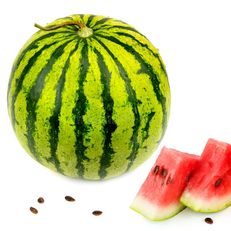 Ripe Round Watermelon and Appetizing Slices of Watermelon Isolated on a ...