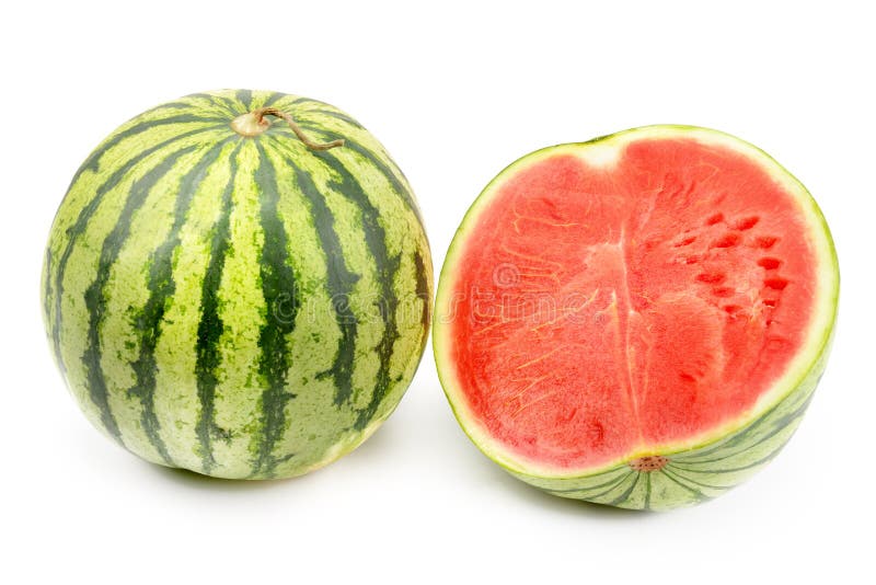Ripe Round Watermelon and Half a Berry Isolated on White . Stock Image ...