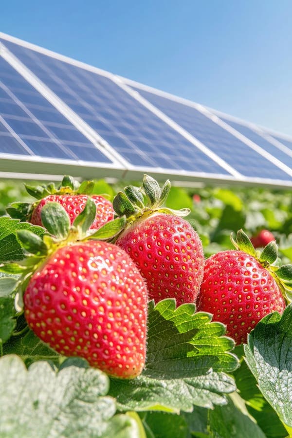 Ripe Strawberries in a Field with Agrivoltaic Solar Panels Stock Photo ...