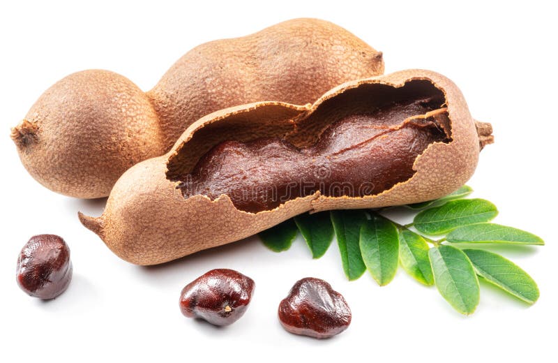 Ripe Tamarind Fruit, Leaves and Some Tamarind Seeds Isolated on White ...