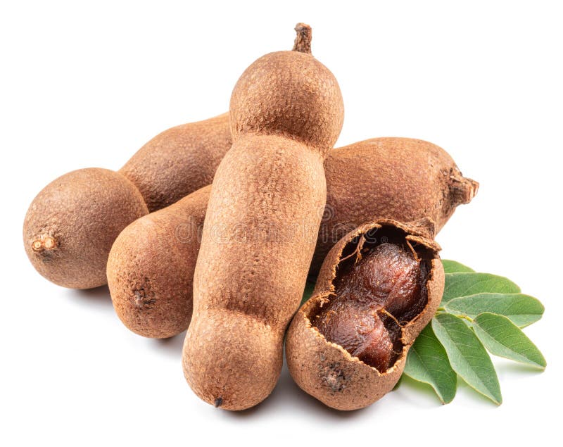 Ripe Tamarind Fruit Pods and Leaves Isolated on White Background Stock ...