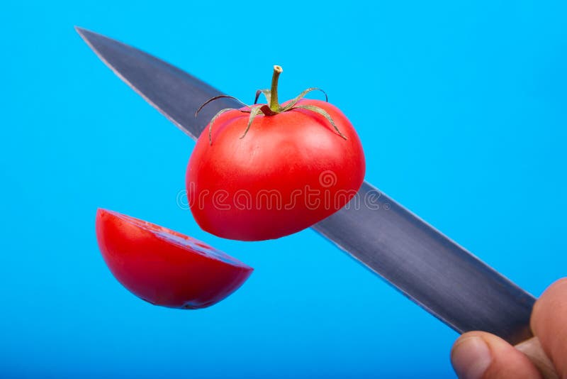 A Ripe Tomato Cut in the Air on a Blue Background Stock Photo - Image ...