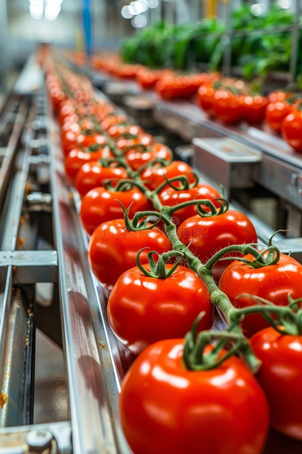 Ripe Tomatoes Being Transported on Conveyor Belt in a Modern Food ...