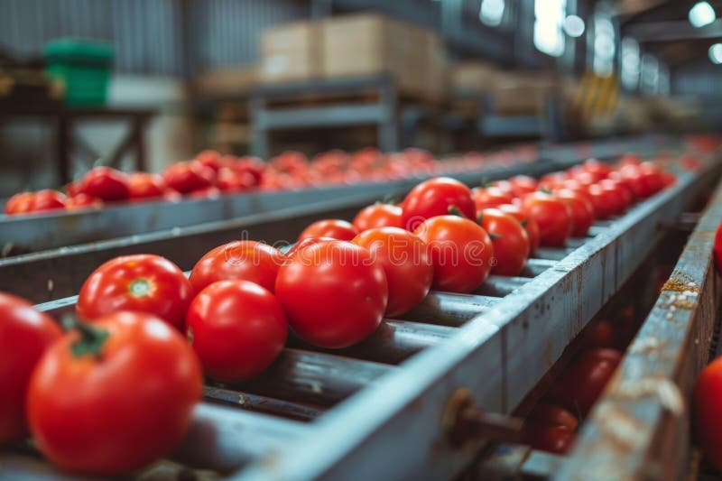 Ripe Tomatoes in Motion on a Conveyor Belt, Fresh Produce Being Sorted ...
