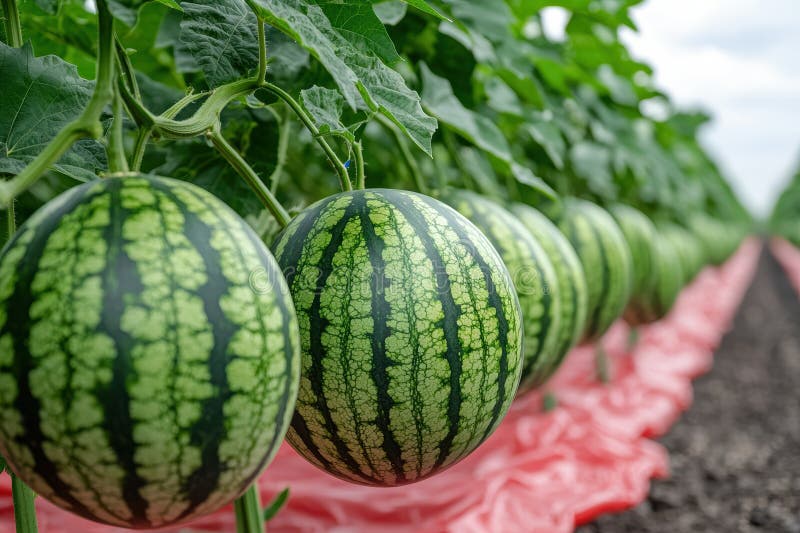 Ripe Watermelons Growing on the Vine Stock Illustration - Illustration ...