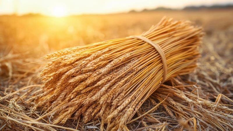 Ripe Wheat Sheaf in Harvested Field at Sunset Stock Illustration ...